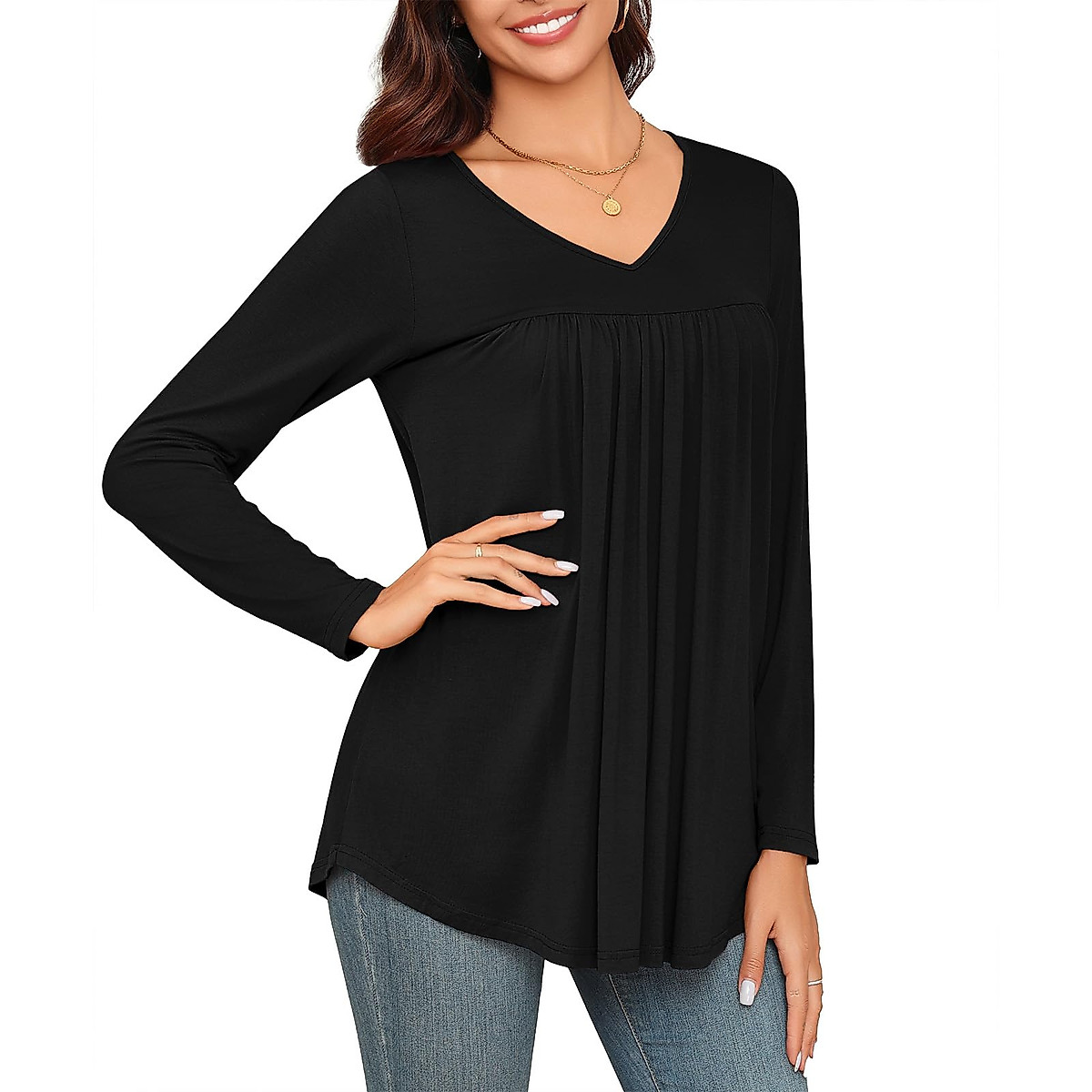 LAOLASI Womens Black Long Sleeve Tunic Tops V Neck Casual Dressy Shirts Loose Fashion Blouses Fall Winter Tops For Women,XL