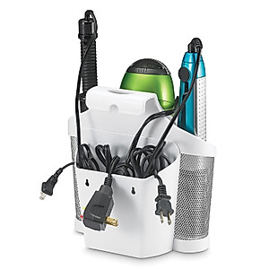 Polder Style Station, Hair Tool Organizer for Hair Dryer, Curling Iron, Hair Straightener, and More, Easy-to-Store Hair Styling Station, Hair Stylist Must Haves, White and Silver