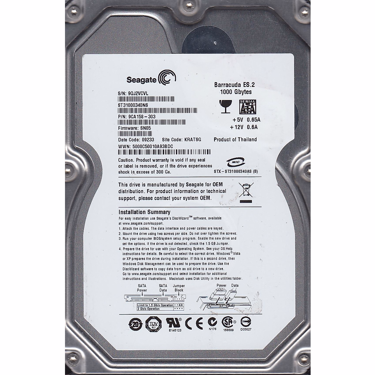 Seagate Barracuda ES 1 TB 7200RPM SATA 3Gb/s 32 MB Cache 3.5 Inch Internal Hard Drive ST31000340NS-Bare Drive