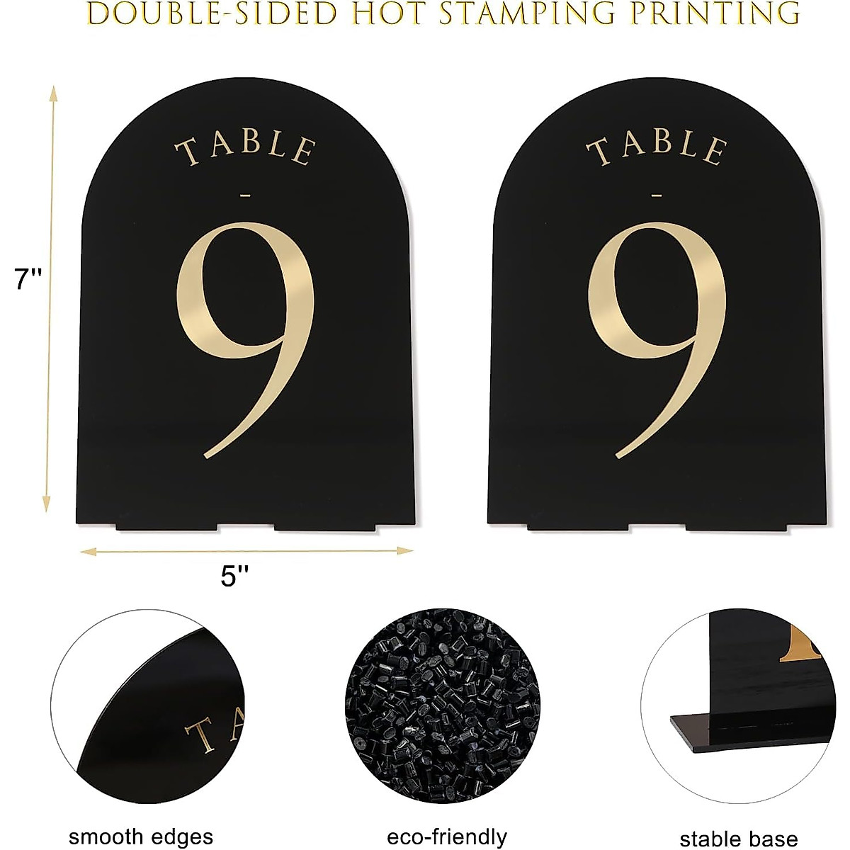 UNIQOOO Black Arch Wedding Table Numbers with Stands 1-30, Gold Foil Printed 5x7 Double Sided Acrylic Signs and Holders, Perfect for Centerpiece, Reception, Decoration, Party, Anniversary, Event