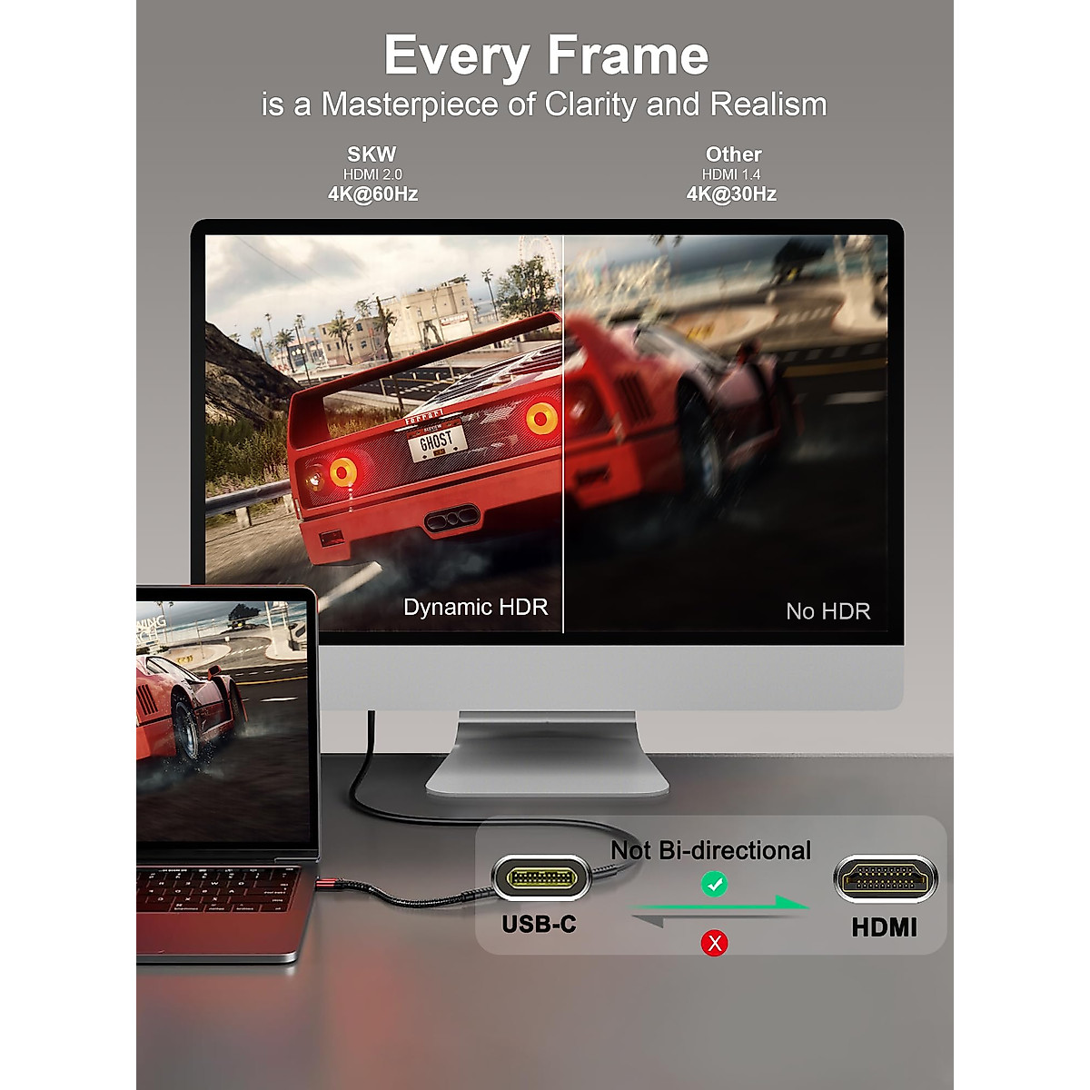 SKW USB C to HDMI Cable 4k 3.3ft, USBC Adapter for Monitor, Connector ChromeBook, USB-C Cord Mac MacBook pro 2022 Surface 8 VivoBook Flip 14 Aspire 5 and More