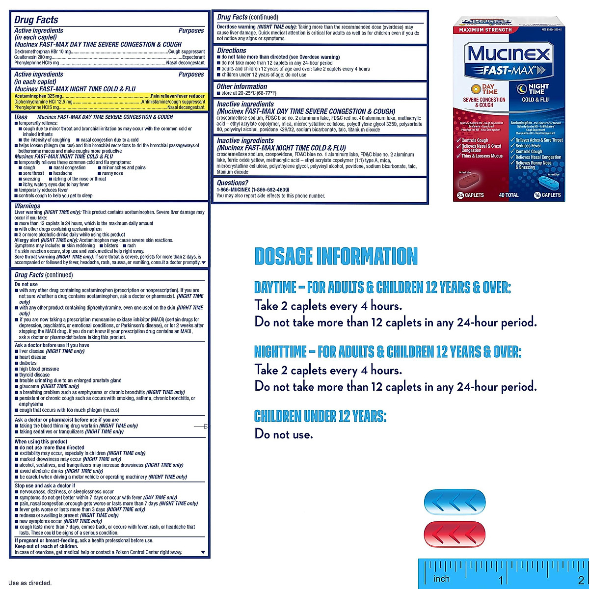 Mucinex Maximum Strength Fast-Max Caplets, Cold & Flu Multi Symptom Relief Caplets, 40 Count