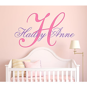Decor Designs Decals Baby Girls Personalized Custom Nursery Name and White Initial Wall Decal Sticker Kids Bedroom Decor (Choose Your Size), Plus Free Hello Door Decal (Bubblegum Pink Initial)
