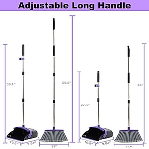COUPLEP Broom and Dustpan Combo Set for Home Super Long Handle, Upright Standing Dustpan for Home Room Kitchen Office Lobby Outdoor Floor Use (Purple & Black)