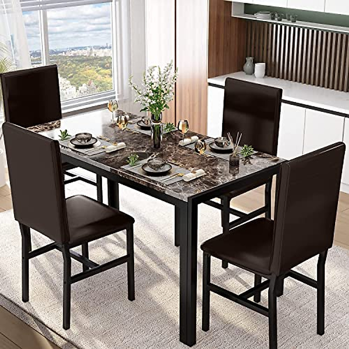 tantohom 5 Piece Faux Marble Dining Table Set- Space Saving Kitchen Table and Chairs for 4, Modern Style Table Set with 4 Leather Chairs and Perfect for Dining Room, Kitchen, Breakfast Corner