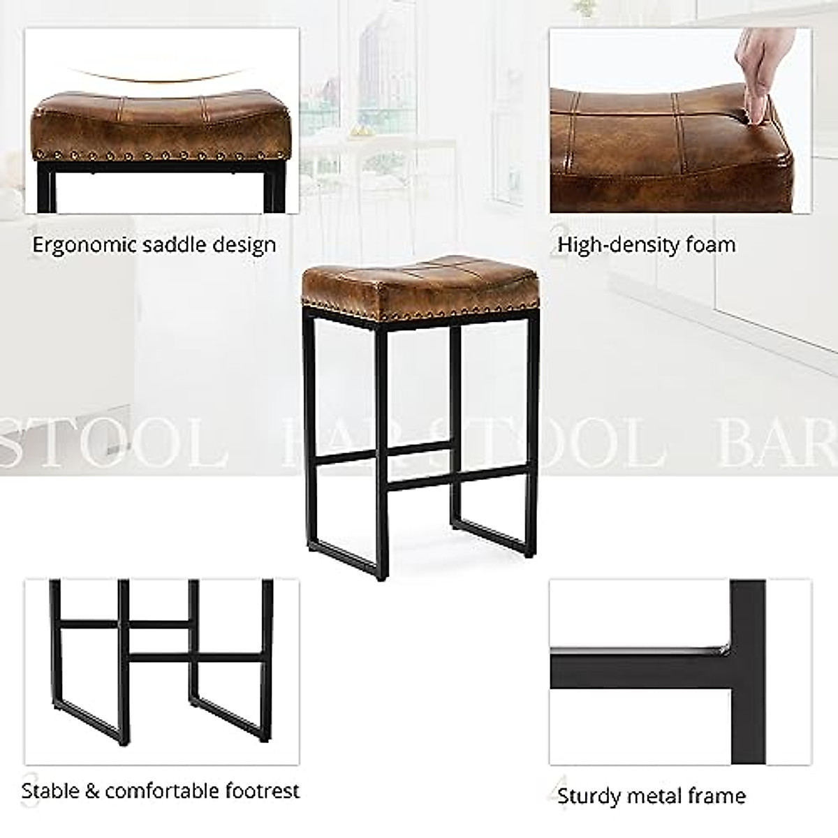 LUE BONA Counter Height Bar Stools 24" Square Saddle Barstools Set of 4, Modern Backless Faux Leather Counter Stool with Black Metal Legs for Kitchen Island Counter, Home Bar, Bistro, Yellowish Brown