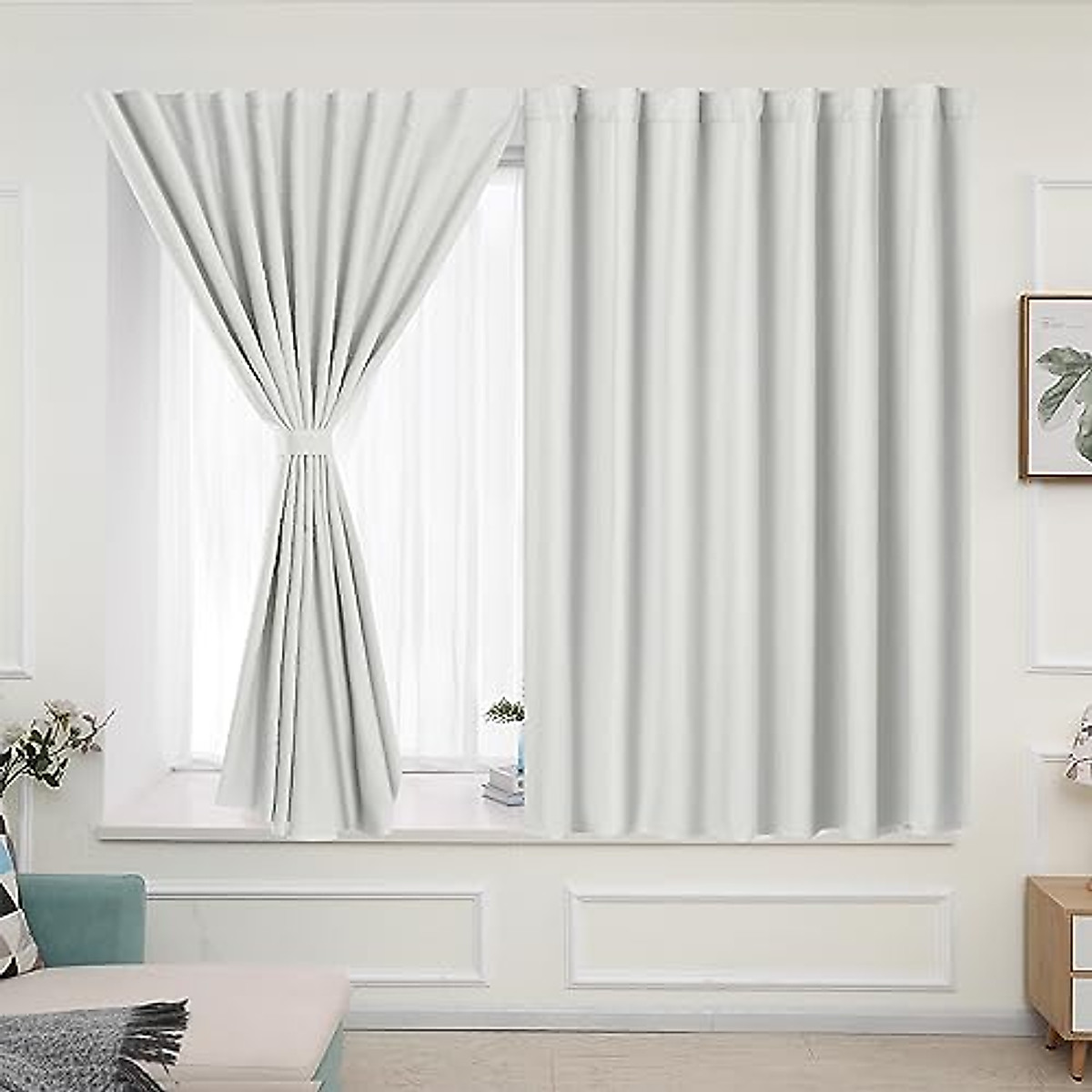 Muamar 2pcs Self Adhesive Small Blackout Curtains with Tiebacks,Portable Curtains for Kitchen Window,Cabinet Curtains Rental Curtains for Privacy Protect White 34" W X 36" L
