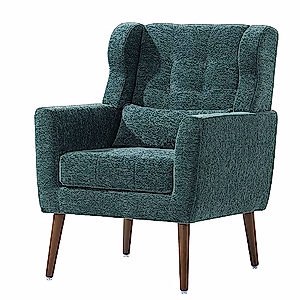 Modern Accent Chair, Chenille Arm Chair Leisure Chair with Pillow Upholstered Comfy Reading Chair 1-Seat Cushioned Sofa with Solid Wood Legs for Living Room Bedroom Studio Balcony (Blackish Green)