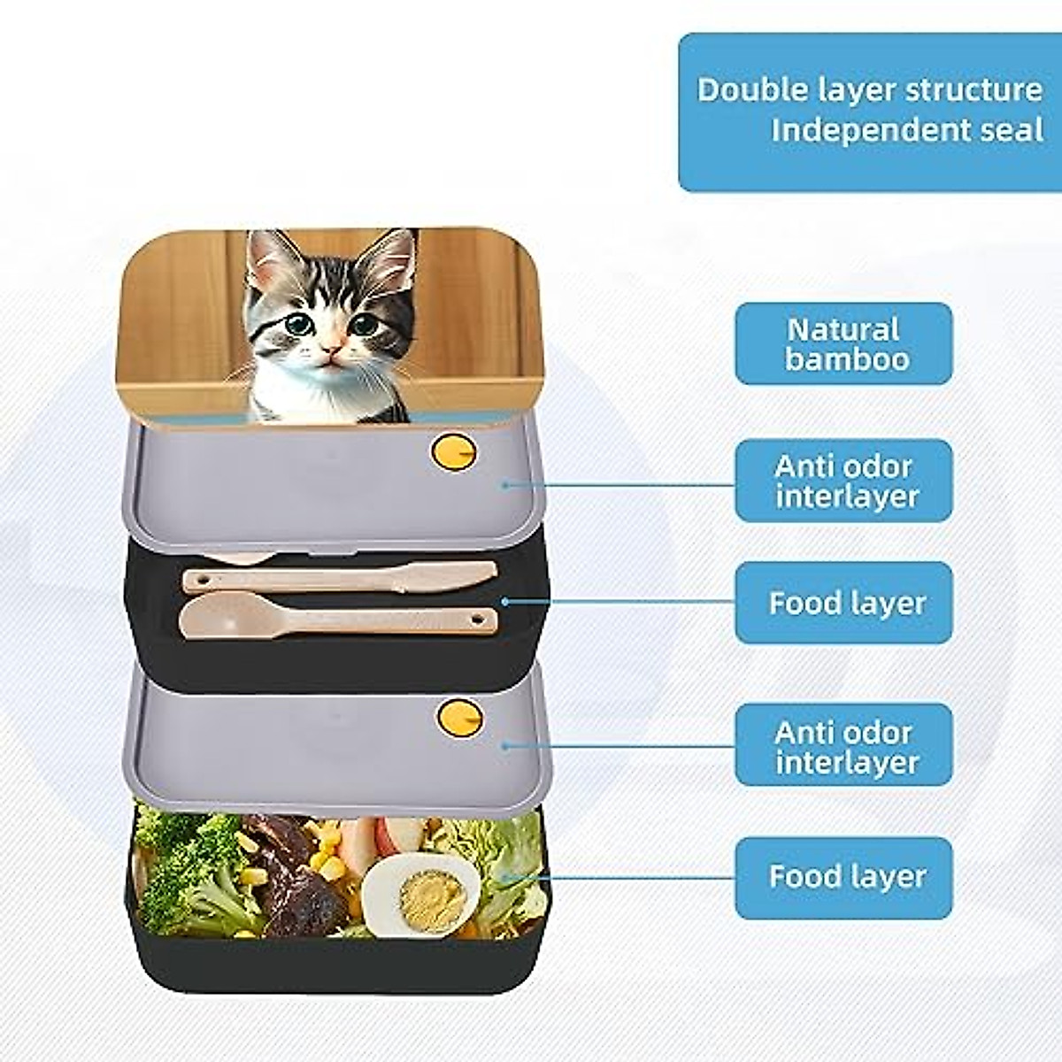 Bedroom Kitten Adult Lunch Box, Bento Box, With Cutlery Set Of 3, 2 Compartments, Rectangular, Lunch Box For Adults