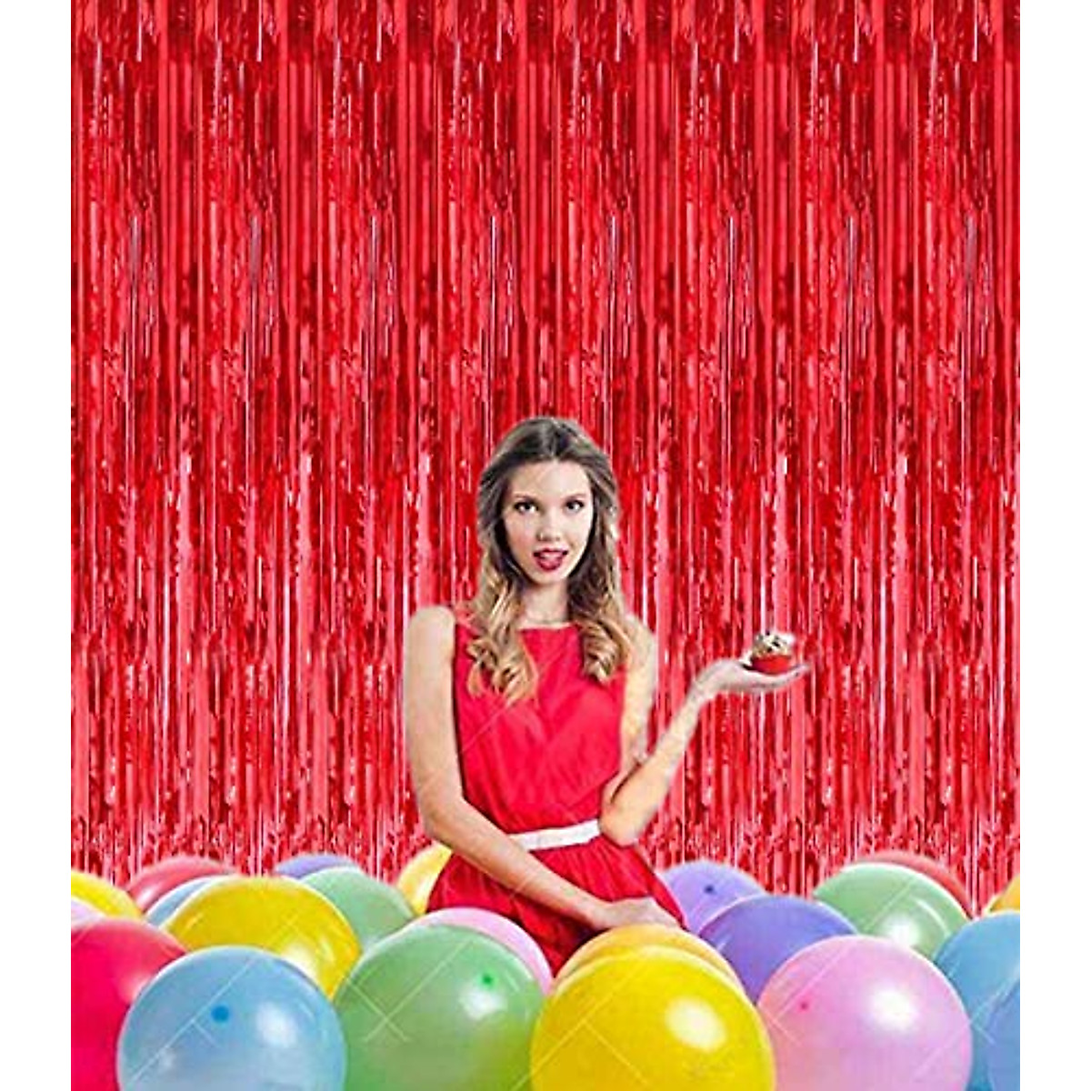 2 Pcs 3.2ft x 8.2ft Shiny Red Metallic Tinsel Foil Fringe Curtains Photo Booth Backdrop for Birthday Wedding Holiday Celebration Bachelorette Party Decorations (Red)