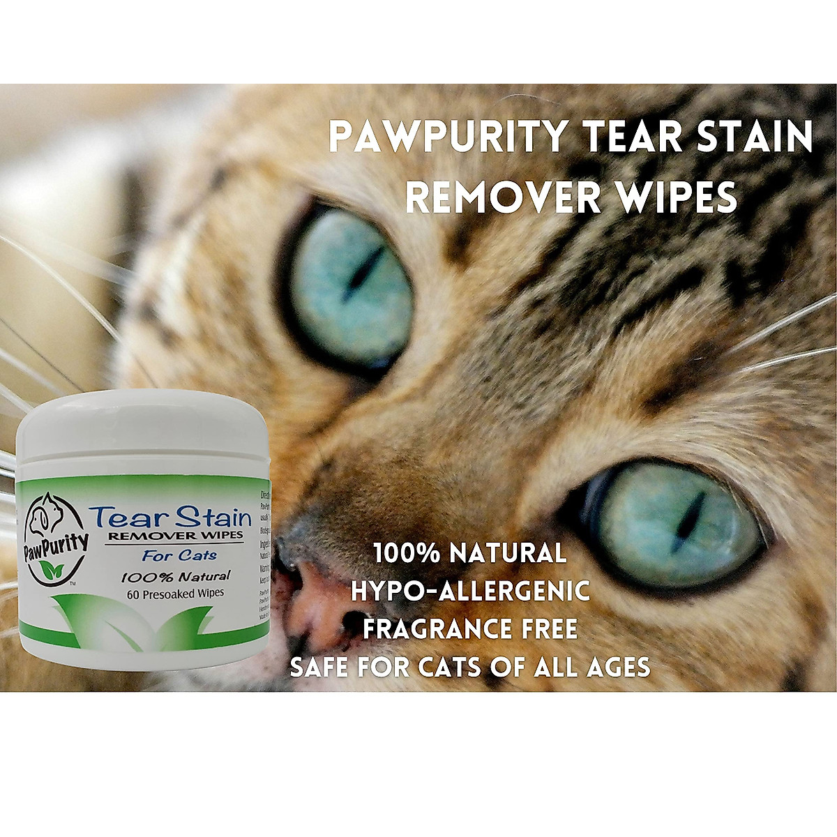 PawPurity Tear Stain Remover Wipes (60 pcs) for Cats | 100% Natural, Safe and Effective. | Removes Stains from Eyes of Cats and Kittens | Recommended by Vets/Groomers | Contains Colloidal Silver