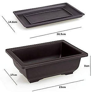MissFox Bonsai Bowl with Saucer, Flower Pot Rectangular Plastic Bonsai Pot Set Plant Pot for Garden, 6 Pieces Flower Pots Large with Tray, 23 x 17 x 8 cm