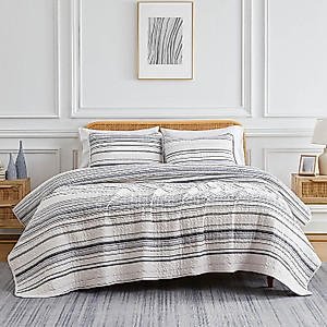 Southshore Fine Living, Inc. Oversized King Quilt Set, Striped Beige Lightweight Bedspread, 3-Piece Coastal Bedding Set, Soft Microfiber Fabric, California King Quilt Sets Oversized, Grey Stripes