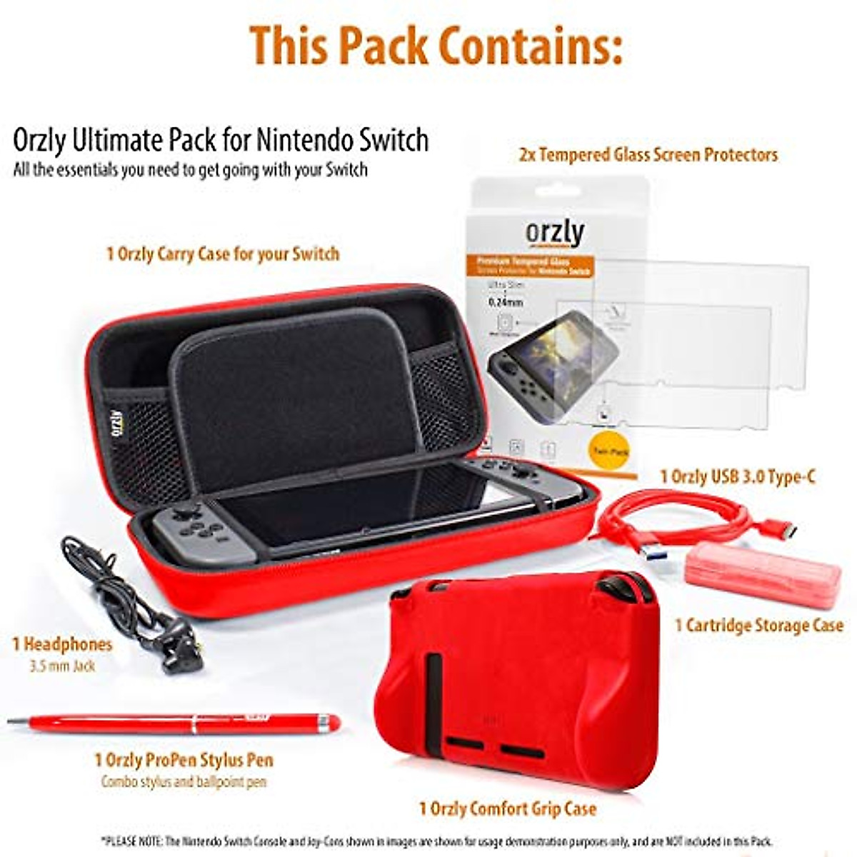 Orzly Switch Accessories Bundle – Carry Case for Nintendo Switch Console (NOT OLED MODEL) Tempered Glass Screen Protectors, USB Charging Cable, Switch Games Case, Comfort Grip Case & Headphones - RED