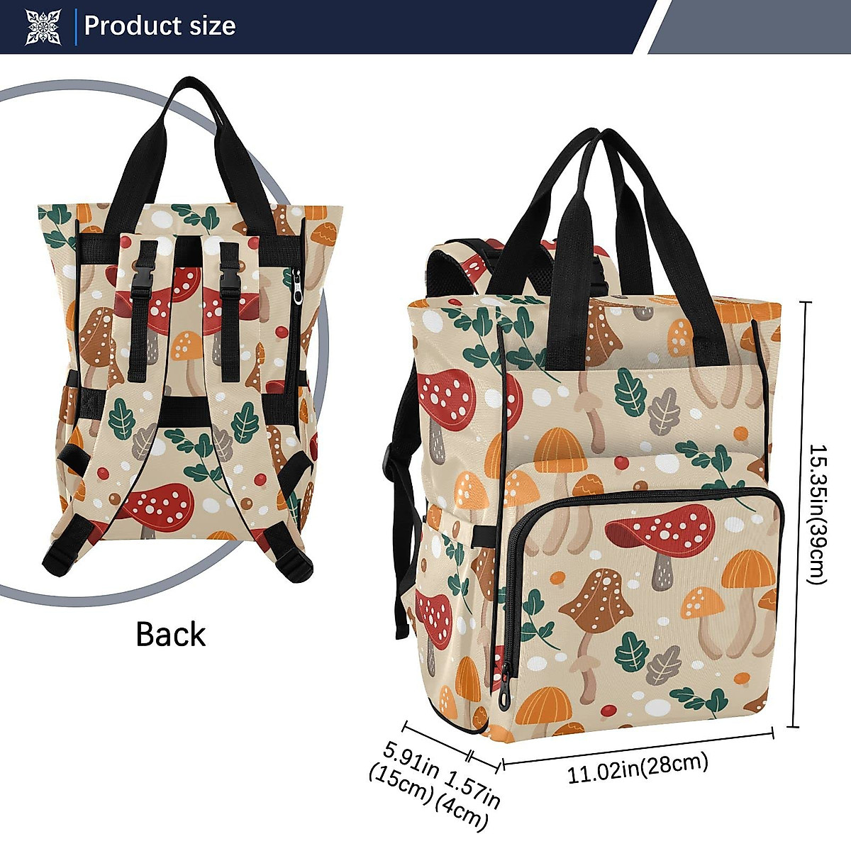linqin Diaper Bag Backpack, Mushroom Pattern Design Autumn Nature Multifunctional Travel Backpack Maternity Changing Bags, Large Unisex Baby Bag Tote