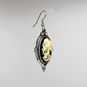 Gothic Lolita Skull Cameo Ivory on Black Dangle Earrings with Austrian Crystals