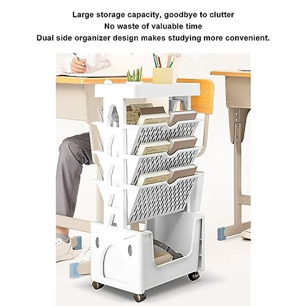 DULRLLY 5 Layer Rolling Book Cart for Teachers Movable Rolling Utility Storage Cart with Wheels Small Book Rack Storage Bookshelf Mobile Book Shelf Bookcase Organizer for Office Classroom(White)