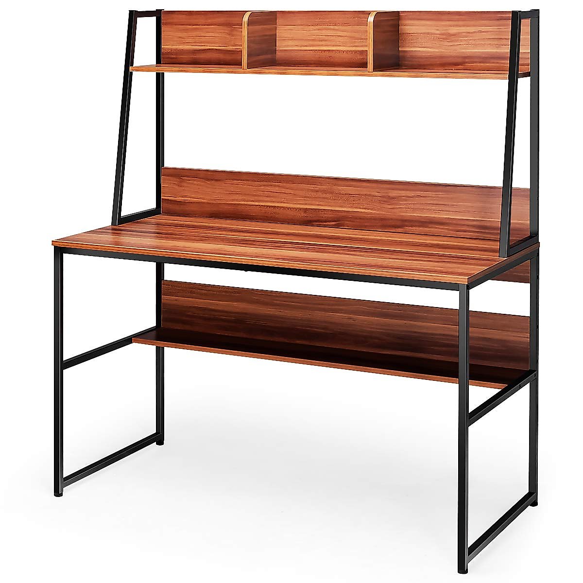 Tangkula Computer Desk with Hutch & Bookshelf, 47 Inches Space Saving Writing Study Table Home Office Desk, PC Laptop Table Workstation with w/ 3 Open Storage Space & Bottom Bookshelf (Brown)