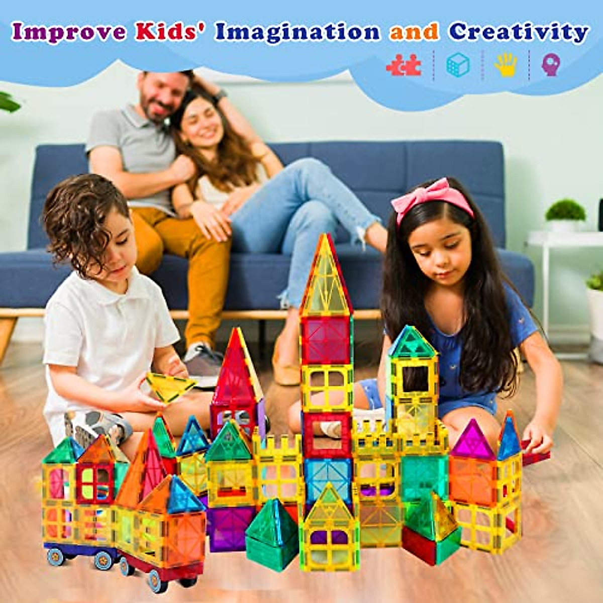 Lotmey Magnetic Tiles Building Blocks, 108 PCS 3D Magnetic Blocks Buliding Tiles Set, Magnetic Building Blocks Construction Playboards with 2 Cars, Preschool Educational Magnetic Toys for Kids 3, 4-8