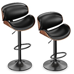 ONME Bar Stools Set of 2, Adjustable Height Swivel Bar Stools, PU Leather Upholstered Bar Chair with Back and Footrest for Bar, Kitchen, Dining Room, Dark Black