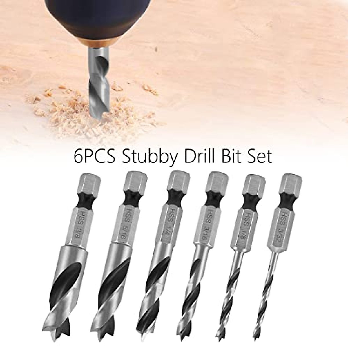 SeonFook 6PCS Stubby Drill Bit Set 1/4-Inch Quick Change Hex Shank 4241 High Speed Steel Woodworking Tool Bits for Drill Set Used in Tight Spaces
