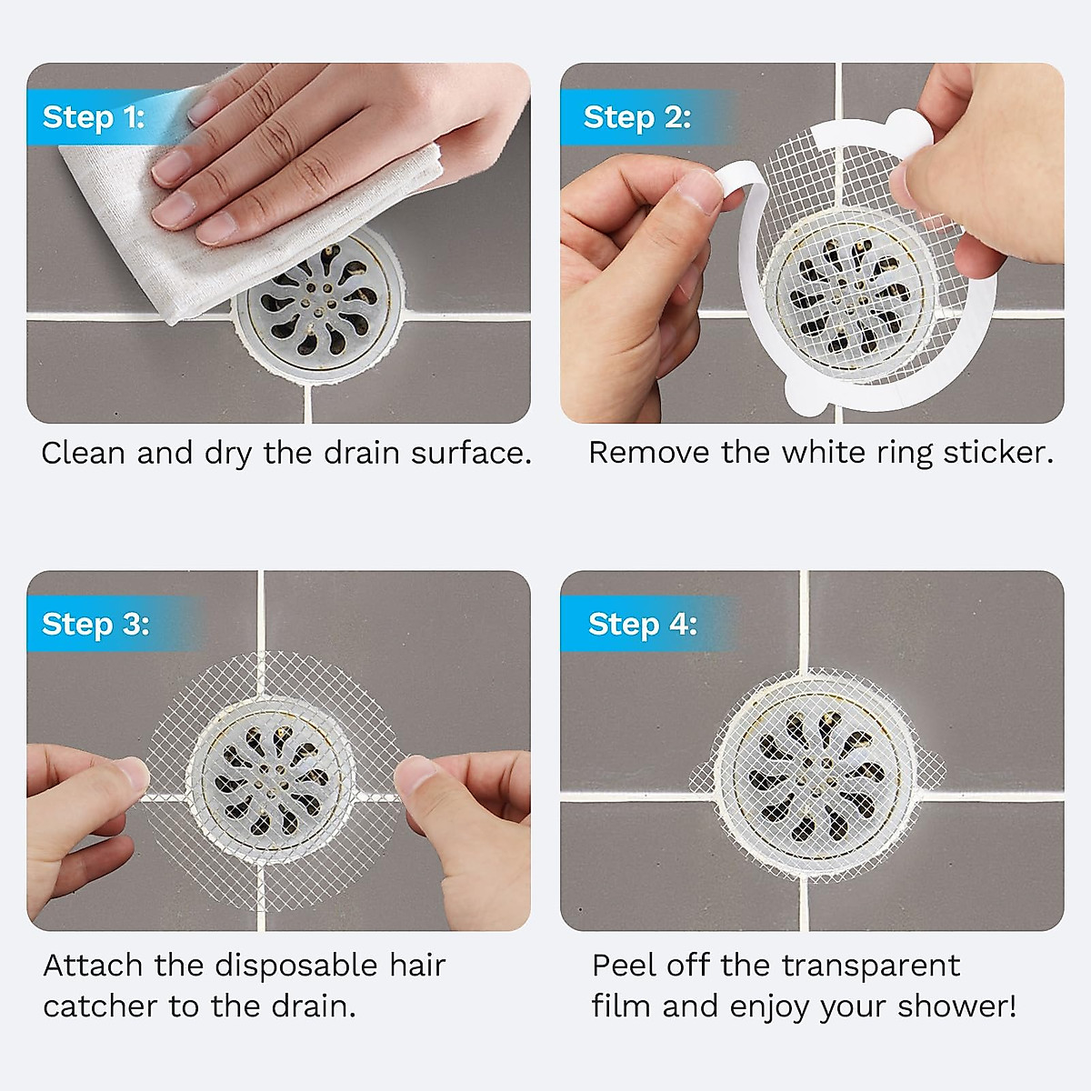 50 Pack Disposable Shower Drain Hair Catcher Mesh Stickers, FlyCoco Screen for Shower Drain Hair Trap Anti-Blockage, for Bathroom, Laundry Room, Bathtub, Kitchen, Sink, Drain, 3.5 Inch - Round