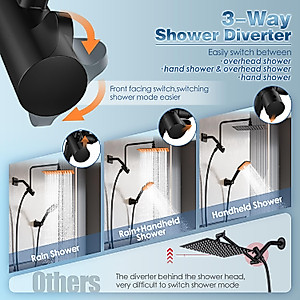 Gabrylly Shower Heads with Handheld Spray Combo, 10" High Pressure Rainfall Shower Head with 11" Extention Arm and Suction Cup Holder, 3-Setting Handheld Shower Head with 59" Shower Hose, Matte Black