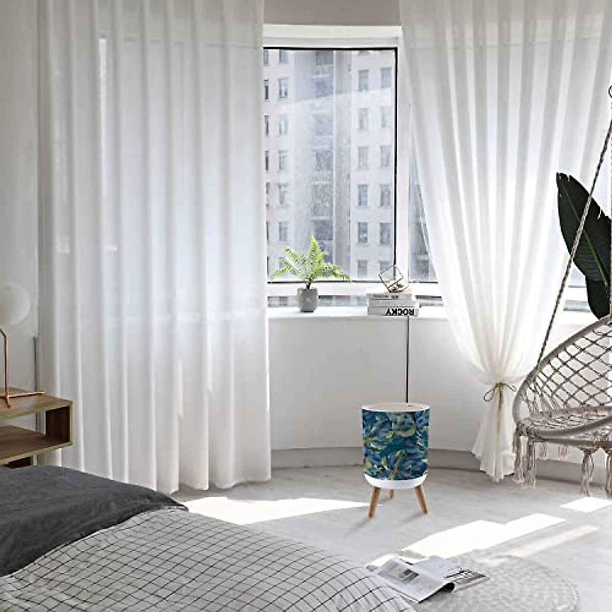 Small Trash Can with Lid Watercolor seamless with navy blue and golden tropical leaves on a Garbage Bin Wood Waste Bin Press Cover Round Wastebasket for Bathroom Bedroom Diaper Office Kitchen