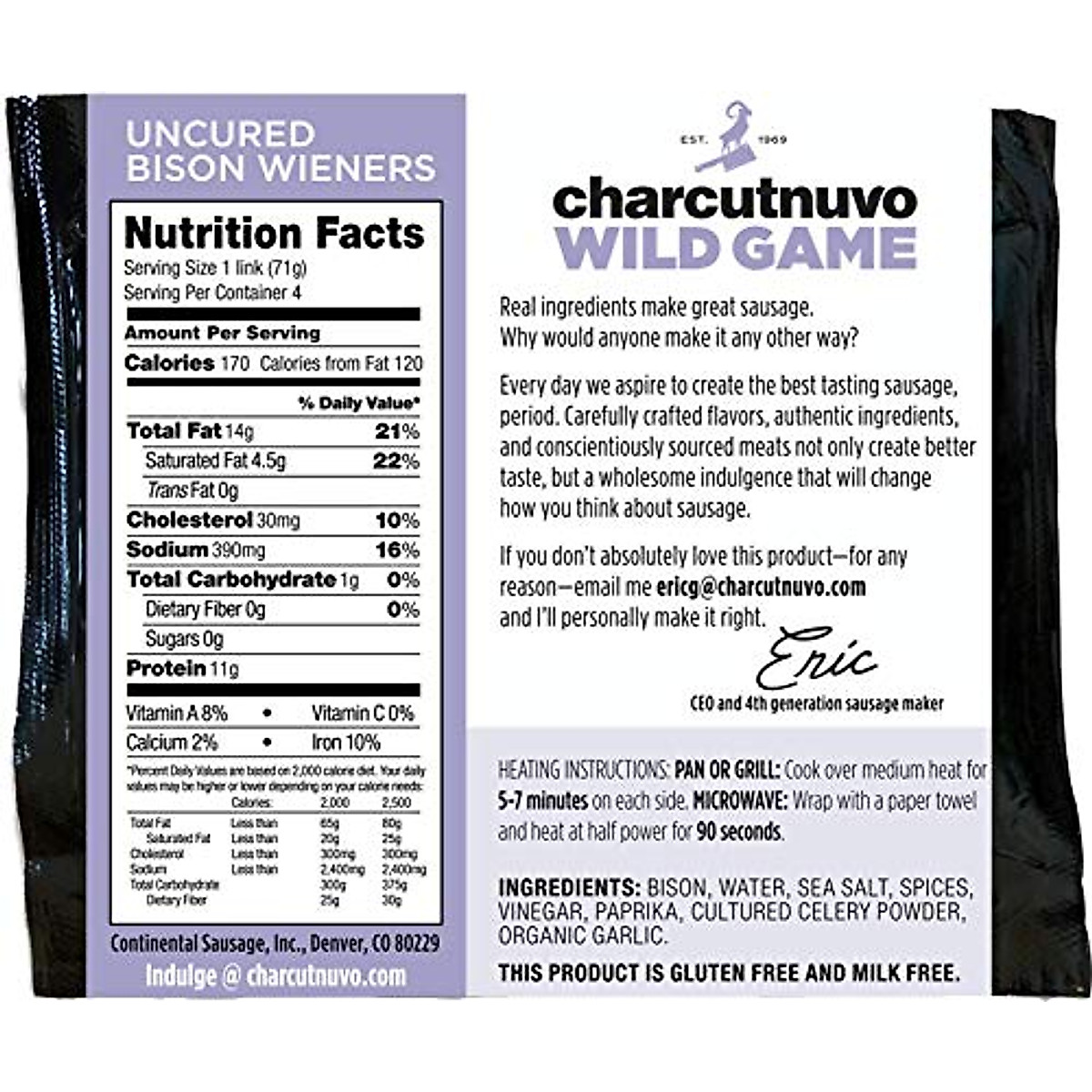 CharcutNuvo: Wild Game Bison Wieners - 10oz, 5 Pack - Fully Cooked and Smoked, Uncured Sausage Links - Paleo and Grass-Fed - No Antibiotics, Hormones, Gluten, Dairy or Sugar - No Nitrites or Nitrates