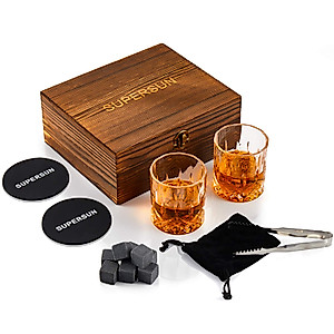 Whiskey Glasses Stones Gifts Set for Men, Pack of 2, 10 oz Scotch Bourbon Glasses, 8 Chilling Rocks and Wooden Box for Him, Boyfriend, Dad, Husband, Father, Groomsmen, Birthday, Anniversary