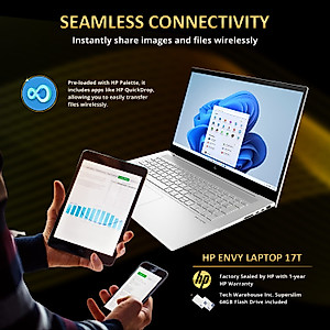 HP Envy 17T 2022 Laptop, i7-1260P 12th gen, 16GB RAM, 1 TB NVMe SSD, 17.3" FHD Touch, Thunderbolt 4, Win 11 PRO, WiFi 6E, B&O Audio, Intel Xe Graphics, Silver, 64GB Tech Warehouse Flashdrive