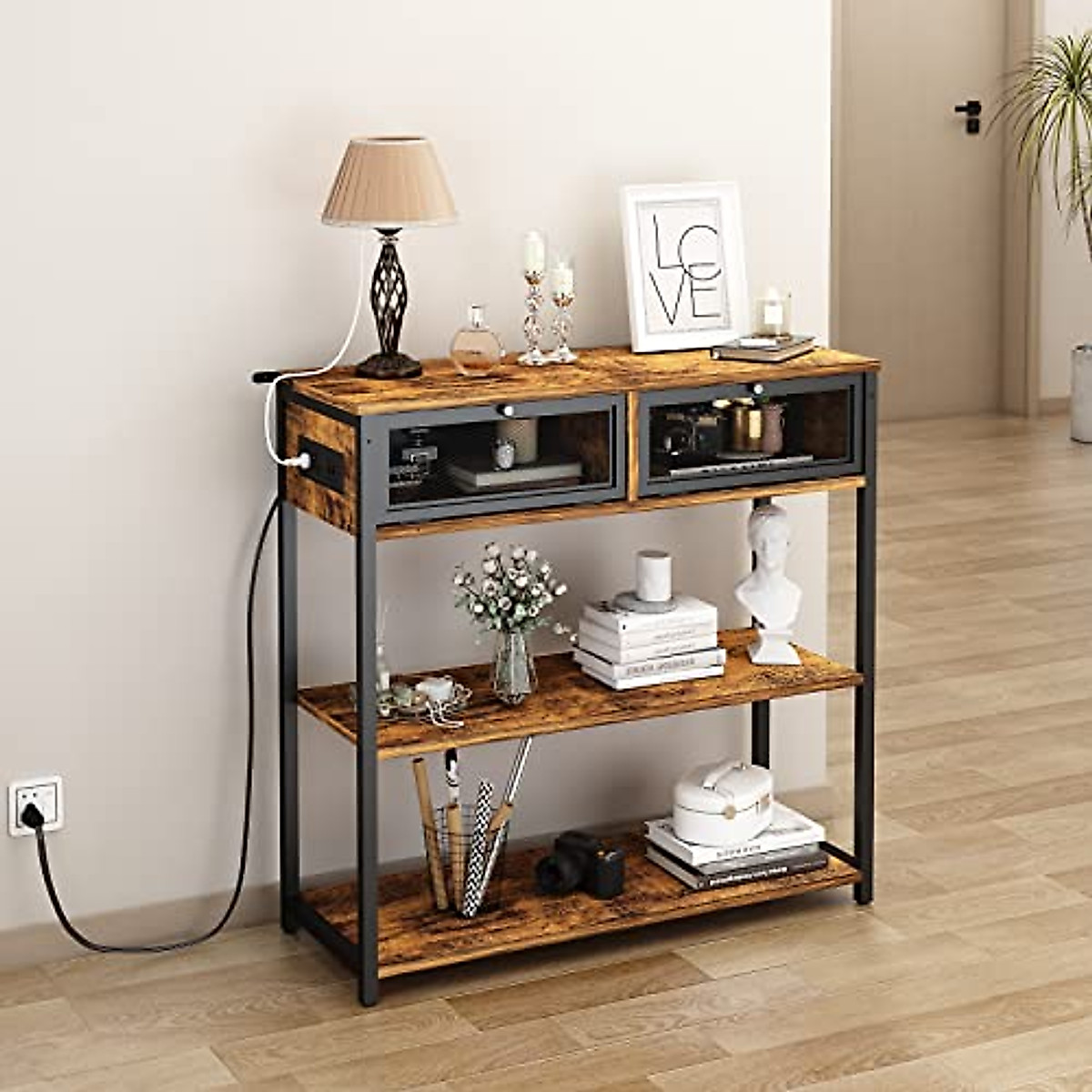 SOOWERY Console Table with Charging Station, 32'' Entryway Table with Doors, Sofa Table Narrow Long with 3 Tiers Open Wood Storage Shelves, for Living Room, Entryway, Foyer, Brown