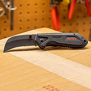 Smith's 51240 EdgeWork-Site Hawk Bill Folding Knife – 2.7” Blade – Stainless Steel w/Stonewash Finish – Frame Lock – Pocket Clip – Textured Handle – Easy Open Pocket Knife