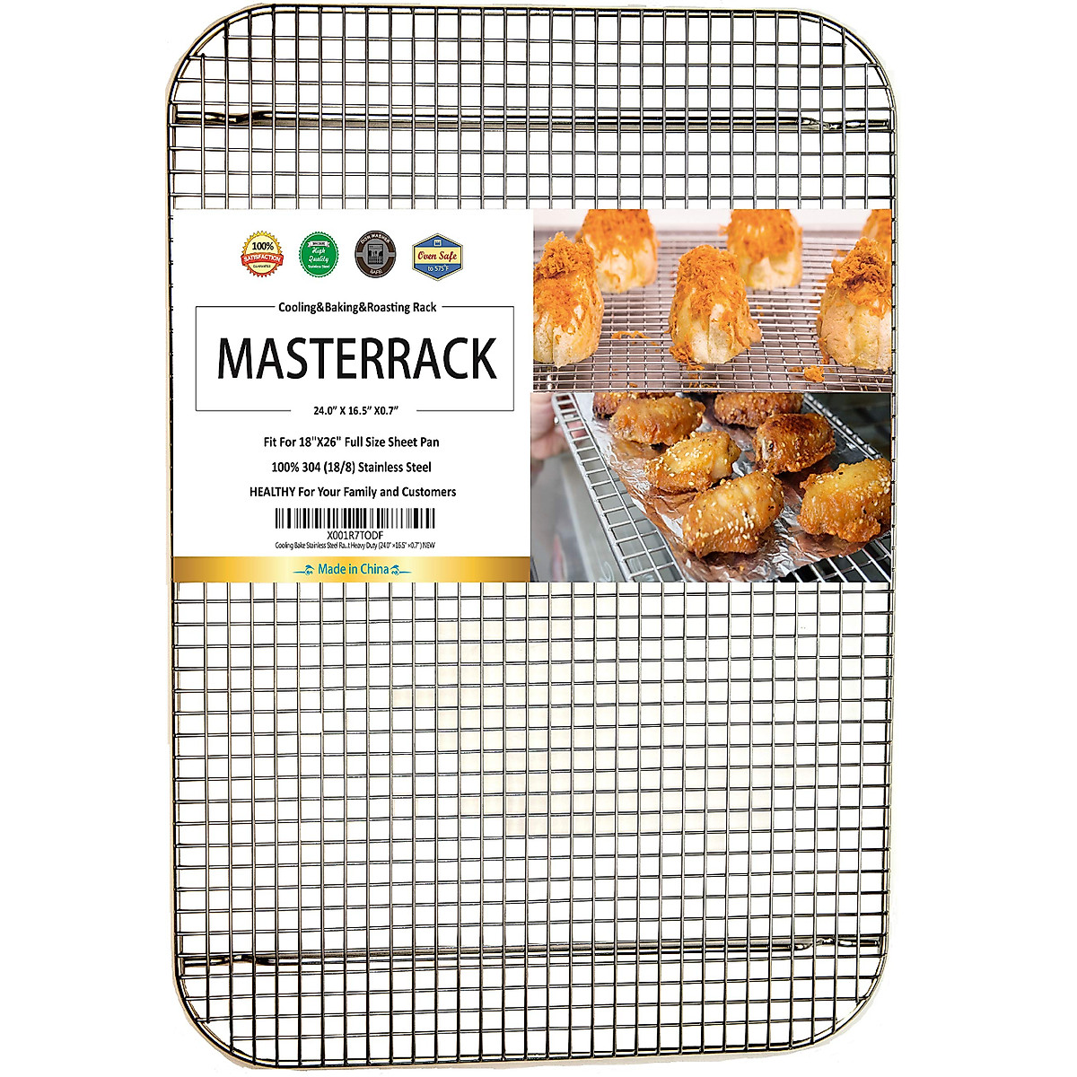 MASTERRACK 100% 304 Stainless Steel Cooling Rack and Wire Grate For Full Size Sheet Bun Pan,Real Heavy Duty 3.20LB, Roasting,Drying,Commercial Quality, Healthy Material