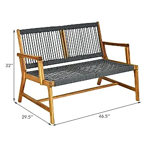 Tangkula 2-Person Patio Acacia Wood Bench Loveseat Chair, Outdoor Patio Bench Acacia Wood Bench in Teak Oil Finish, Patio Loveseat Rope Bench for Balcony Deck Poolside Porch (Grey)