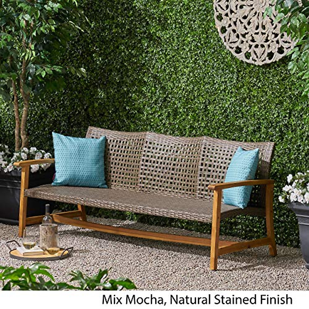 Great Deal Furniture Marcia Outdoor Wood and Wicker Sofa, Natural Finish with Mix Mocha Wicker