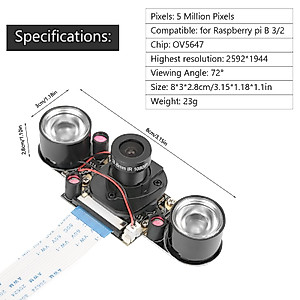 Raspberry pi B 3/2 Camera Module, 5 Million Pixel 1080p Camera Module with OV5647 Sensor,2pcs 850ir IR-Cut Night Vision Automatically Infrared Fill Lights for Raspberry Pi B 3 2