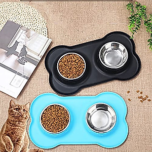 FUUIE Bowls for Food and Water Silicone Bone Double Dog Bowl Pet Pad Pet Feeding Bowl Non-Slip Leakproof Dual-Use Pet Mat Black and Blue (Color : Blue)