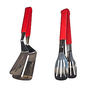 2pcs 304 Stainless Steel Kitchen Cooking Tongs Clip, Multifunctional Spatula Pliers for Steak Fish Bread Hamburger BBQ Frying Pancake Egg Pies Pizza,not Hot with Rubber Handle