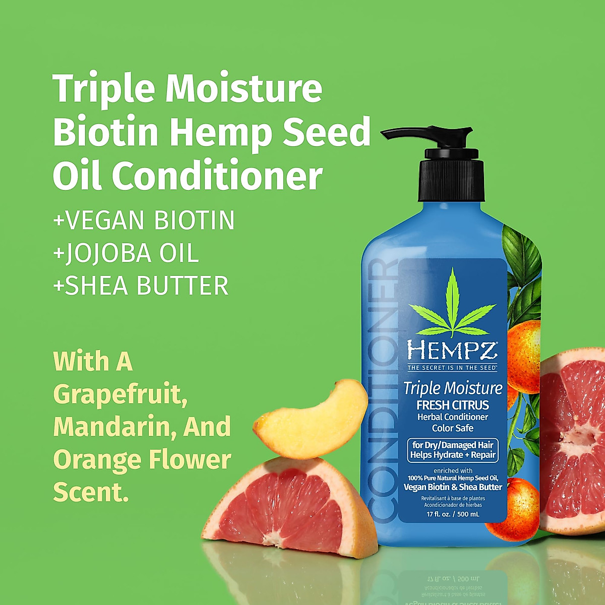 Hempz Biotin Conditioner - Triple Moisture Fresh Citrus - Peach & Grapefruit - For Growth & Strengthening of Dry, Damaged and Color Treated Hair, Hydrating, Softening, Moisturizing - 17 Fl OZ