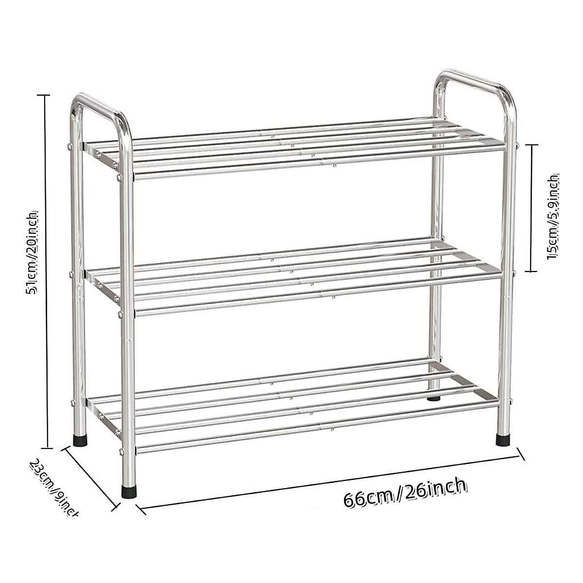 NEFSO 3-Tier Shoe Rack, 100% Stainless Steel Shoe Cabinet, Stackable 9 Pairs of Storage Racks, Suitable for Bedroom, Closet, Entrance, Dorm, L26 w9 h20(Silver)-Three Floors-Silver