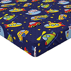 Ambesonne Cartoon Airplane Fitted Sheet Set, Funny Submarine Car Heli Pattern with Starry Ornaments on Indigo Tone Back, Bed Cover with All-Round Elastic Deep Pocket 2 Pcs, Full Size, Multicolor