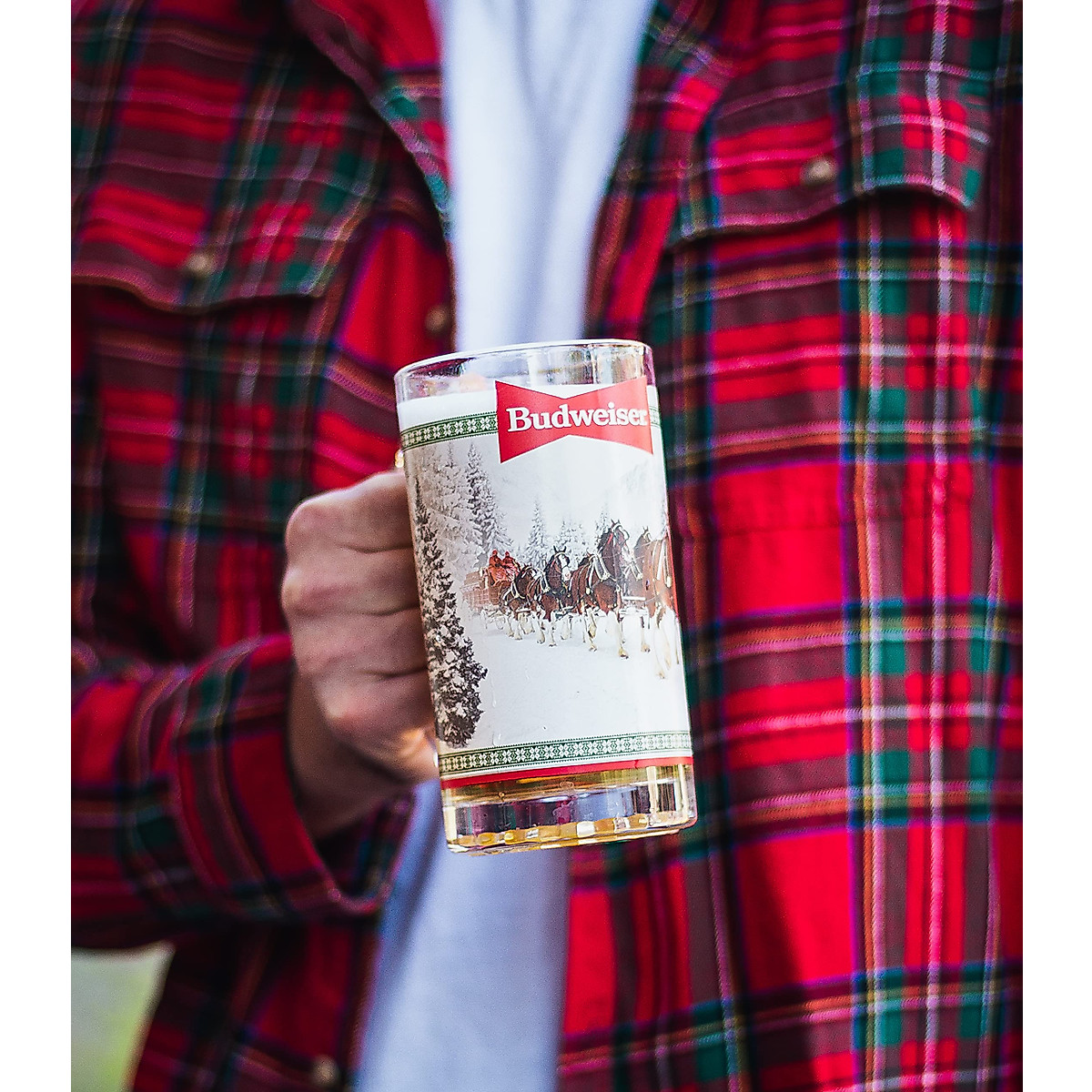 Budweiser 2021 Holiday Glass Stein, Glass Beer Mug with Clydesdale Horses, Holds 16 Ounces, for Men, Father, Husband