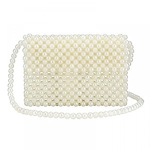 Women Shoulder Bag Girls Pearl Purse Tote bag Handmade Weave Beaded Crossbody Bag for Daily Evening Party (Beige)