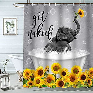 Drgilau Funny Elephant Get Naked Shower Curtain Sets, Cute Animal Elephant with Sunflowers Grey Backdrop Bathroom Decor Bathtub Curtains, Waterproof Fabric Shower Curtains with Hooks