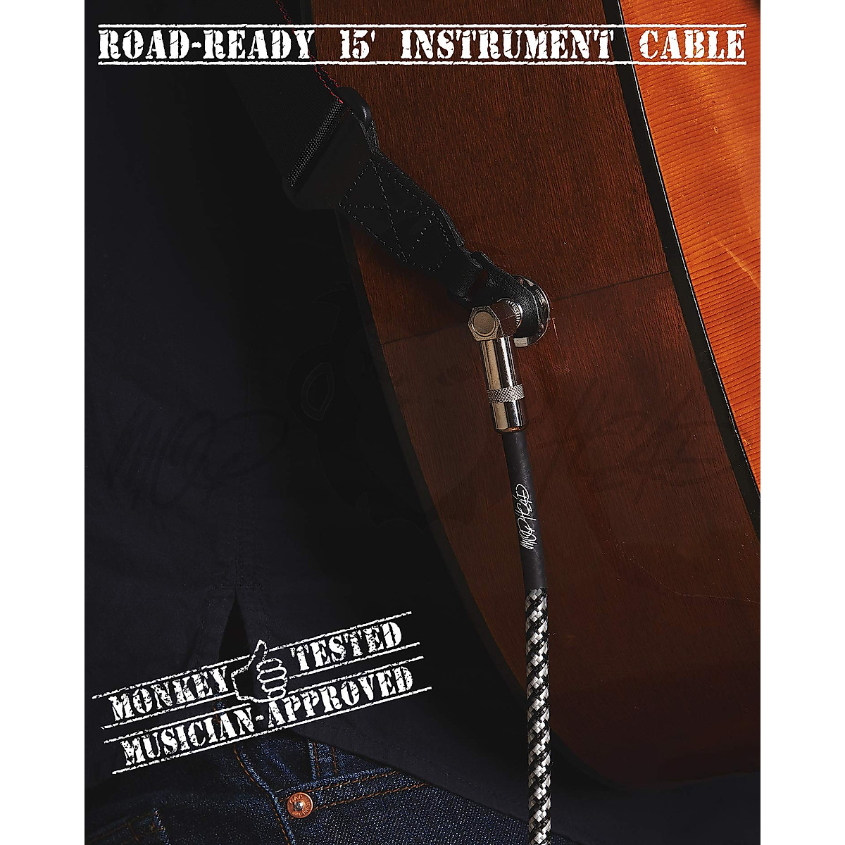 Mophead 15-Foot Guitar Instrument Cable - 1/4 Inch TS to 1/4 Inch TS Right Angle Pro Grade Double Insulated Tweed Braided for Electric Guitar, Bass, Amp, Keyboard (Black and White)