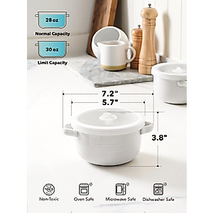 LE TAUCI Soup Bowls with Handles and Silicone Lids, 28 oz Ceramic Ramen Bowl Microwavable, Oven Safe French Onion Soup Bowls for Noodles, Cereal and Chilli, Non-Toxic Soup Crocks, Set of 2, White