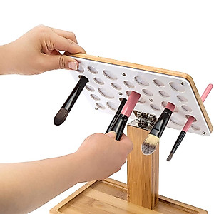 Bamboo Brush Makeup Cosmetic Air Drying Rack Tower Acrylic Folding Brushes Dryer Holder Display Organizer Stand with Silicone Brush Cleaner Mat Support Tray(26 Hole, FULLY ASSEMBLED) – MK288B