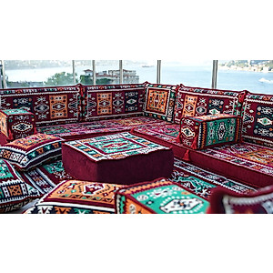 Premium U Shaped Arabic Sofa Set, Maroon Floor Cushions, Arabic Seating Floor Sofa, Backrests, Moroccan Sofas, Arabic Majlis (U Sofa Full Set)