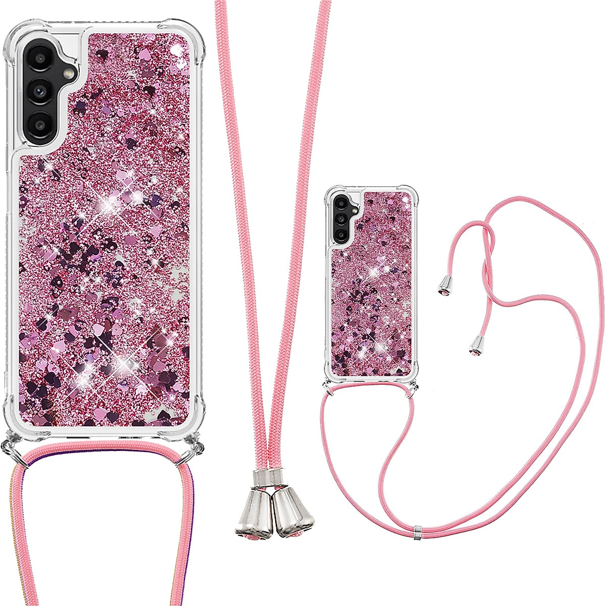 Ephoou Glitter Case for Samsung Galaxy A14 with Adjustable Lanyard Neck Strap, Sparkle Transparent Quicksand Waterfall Soft TPU Liquid Cover for Samsung Galaxy A14 4G/ 5G LSGS-Rose Gold